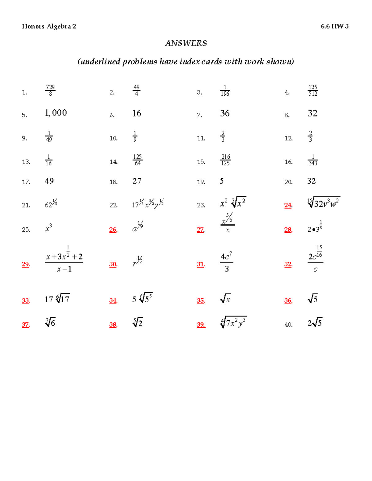 6.6 HW 3 Answers algebra - Honors Algebra 2 6 HW 3 ANSWERS (underlined ...