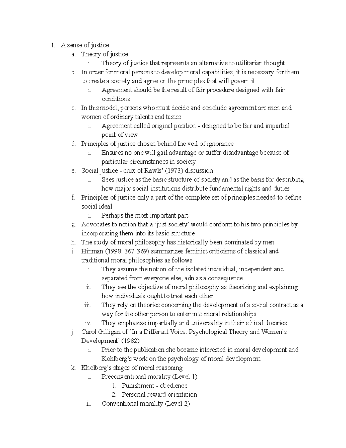 Chapter 16 and 17 - class notes - A sense of justice a. Theory of ...