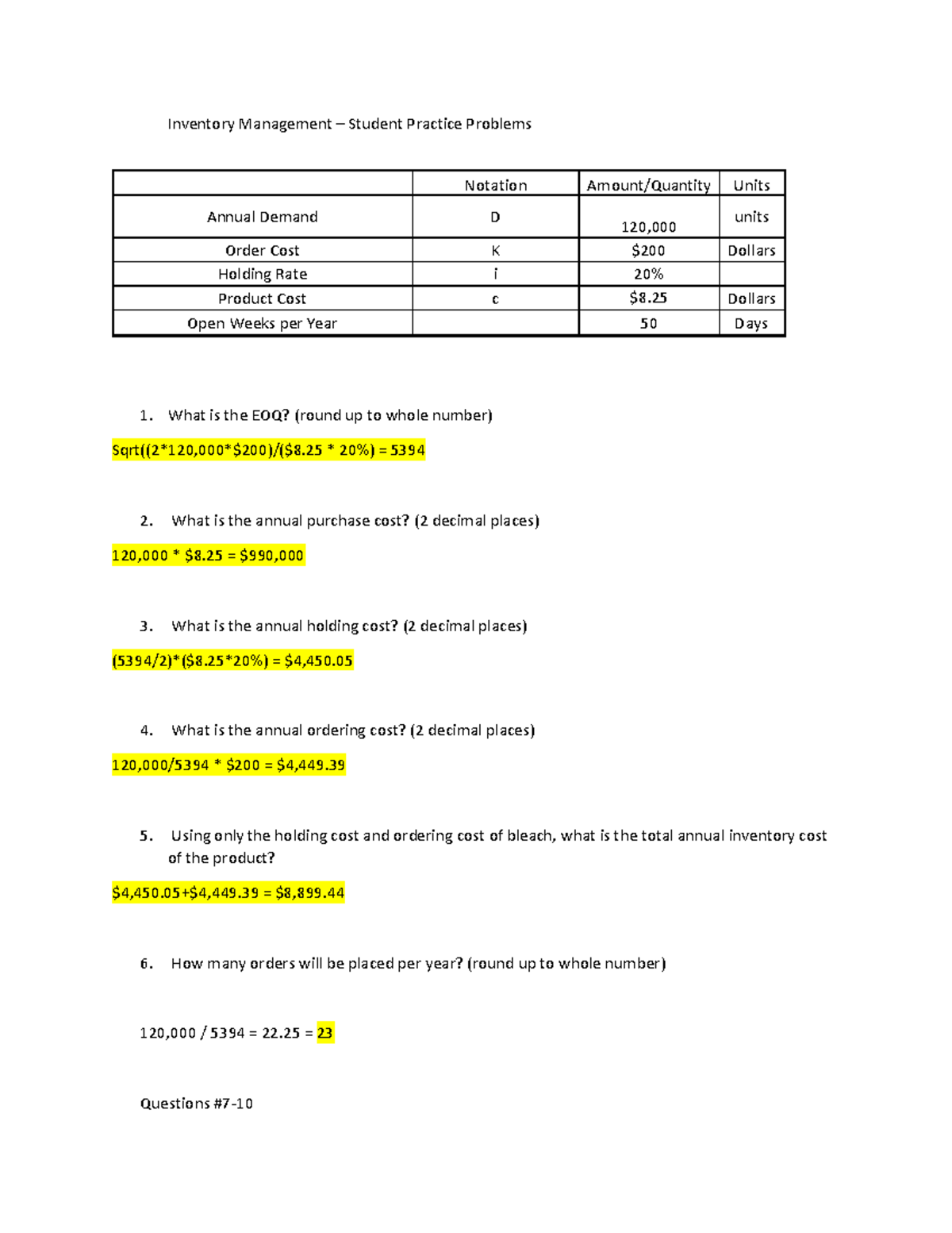 SCM 301-3 - Practice Problems - Inventory Management – Student Practice Problems Notation - Studocu