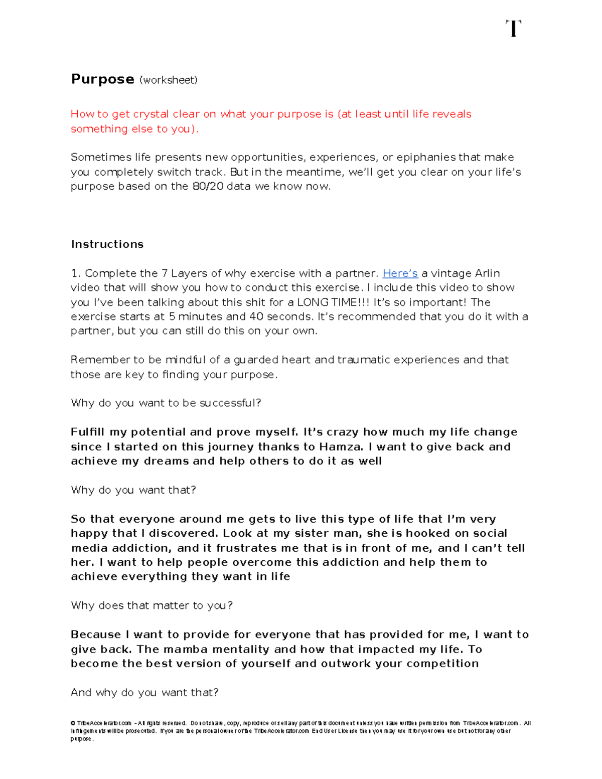 Purpose Worksheet - Purpose (worksheet) How to get crystal clear on ...