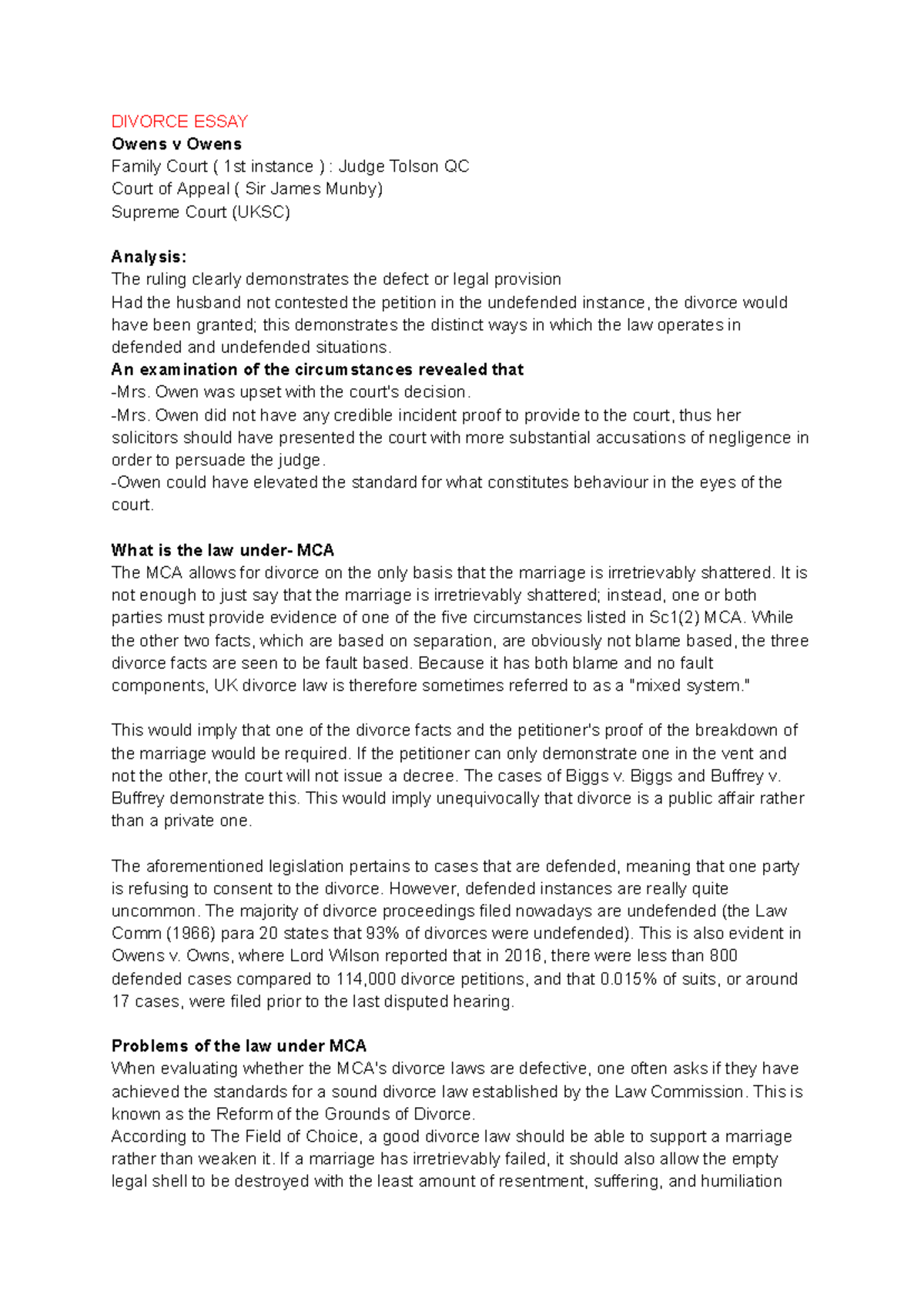 Divorce Essay - DIVORCE ESSAY Owens v Owens Family Court ( 1st instance ...