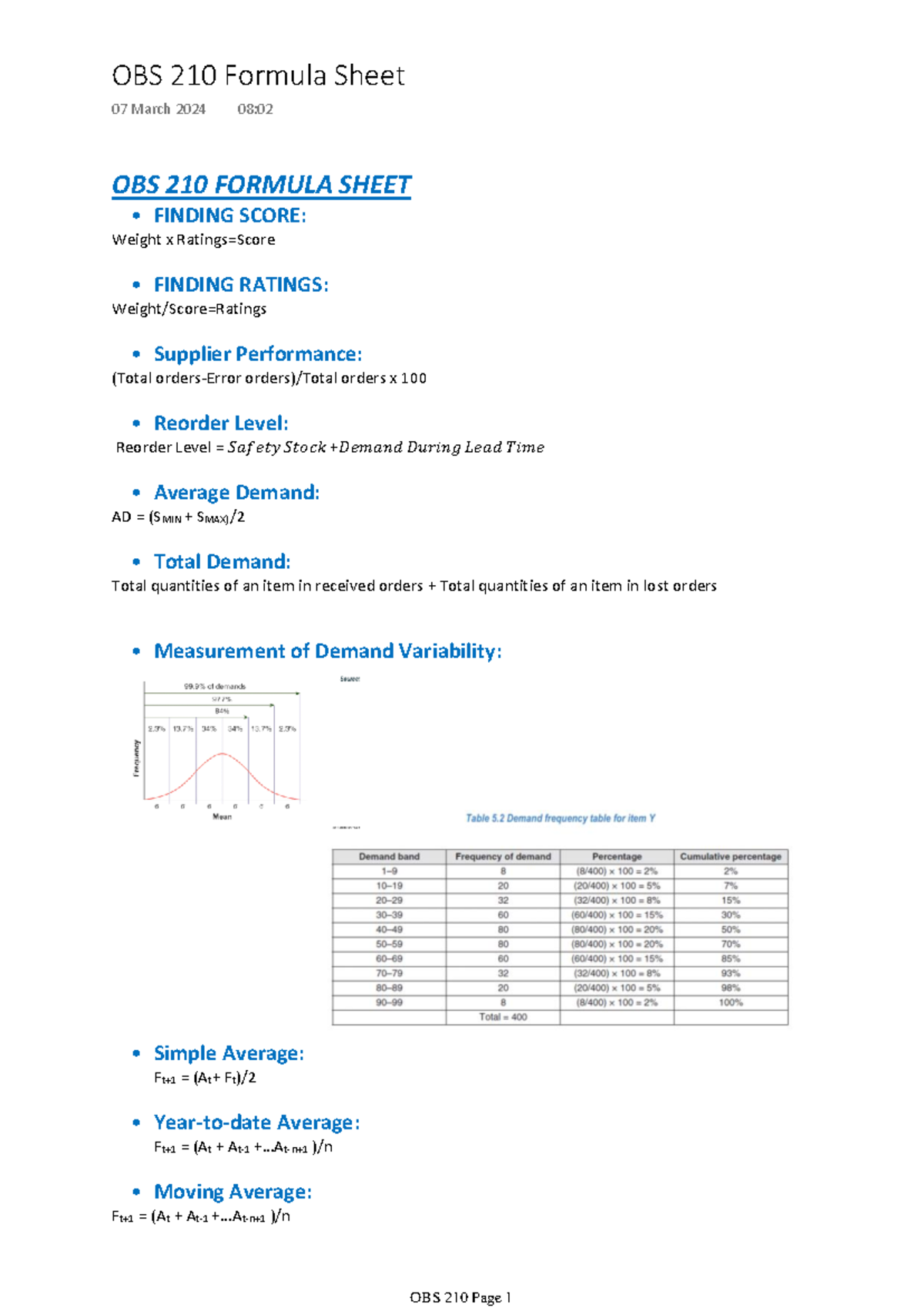 OBS 210 Formula Sheet - OBS 210 FORMULA SHEET • FINDING SCORE: Weight x ...