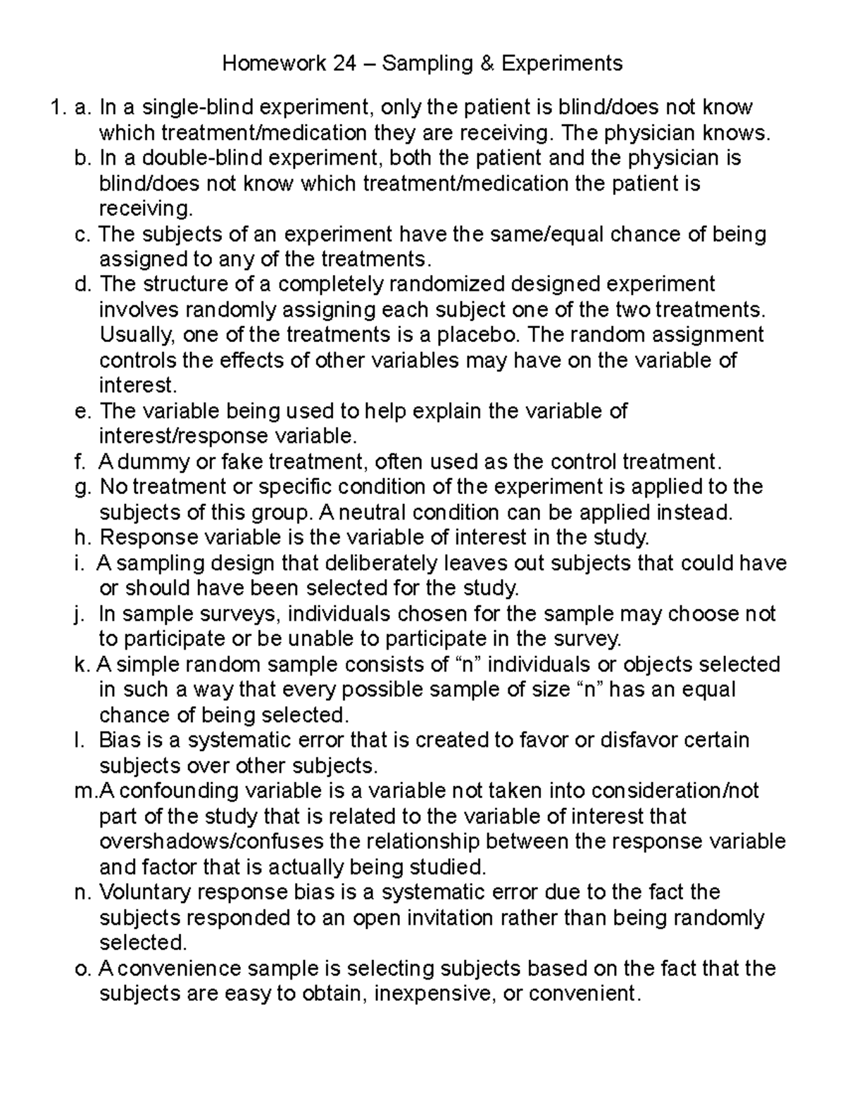 31-HW 24Answers Sampling&Experiments - Homework 24 – Sampling & Experiments 1. a. In a - Studocu