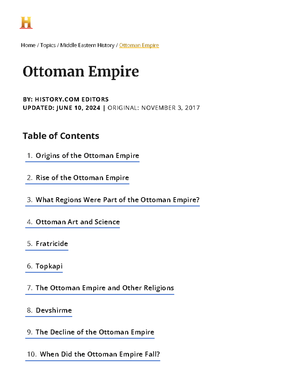Ottoman Empire - WWI, Decline & Definition History - Table of Contents ...