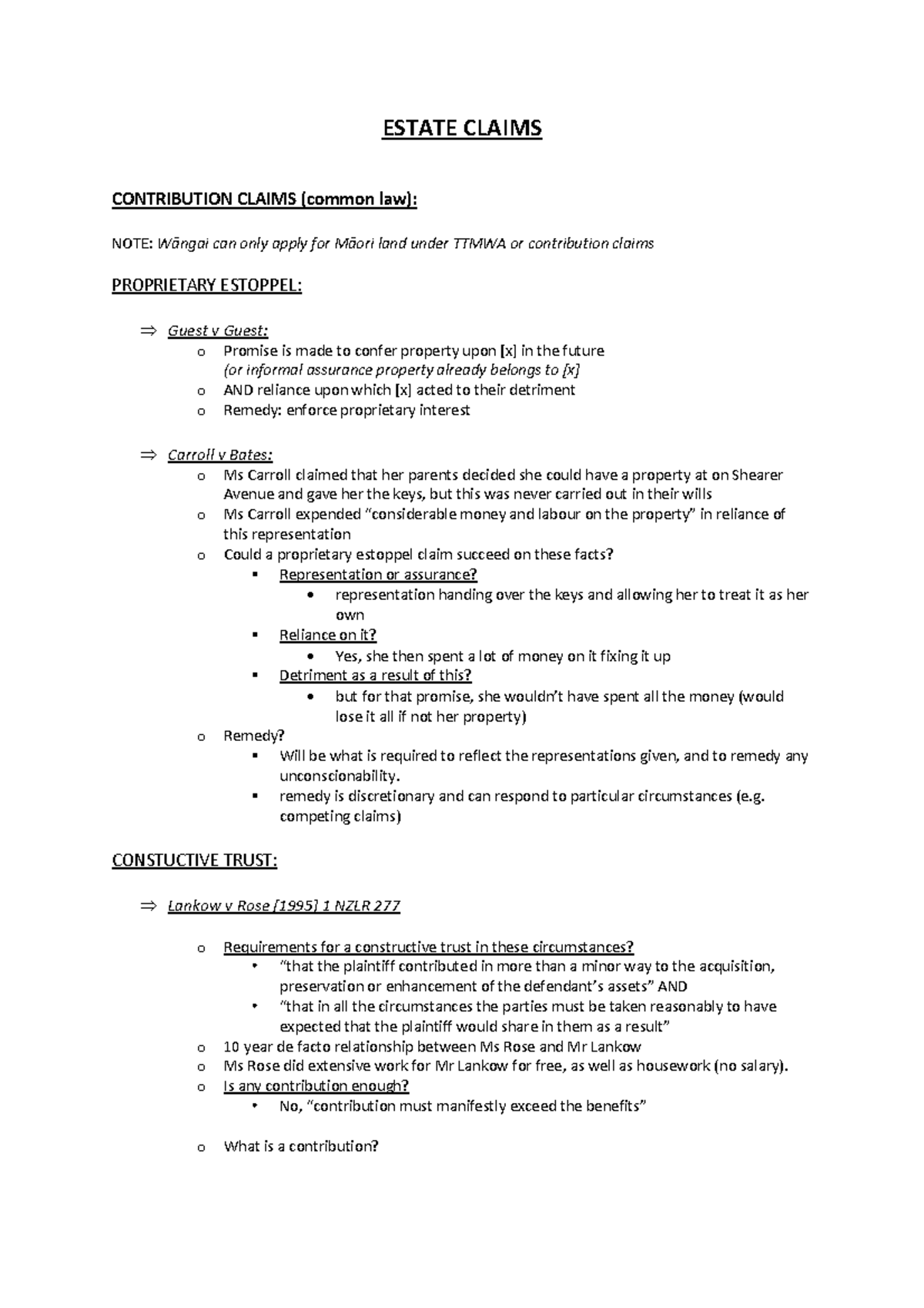 Estate Claim Notes - ESTATE CLAIMS CONTRIBUTION CLAIMS (common law ...