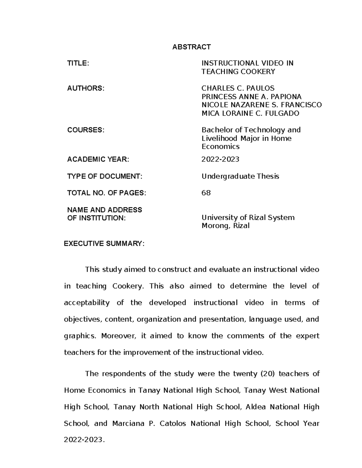 INSTRUCTIONAL VIDEO IN TEACHING COOKERY - ABSTRACT TITLE: INSTRUCTIONAL ...