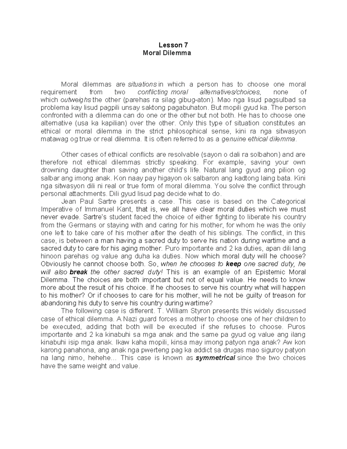Lesson 7 Moral Dilemmas Short Version - Lesson 7 Moral Dilemma Moral ...