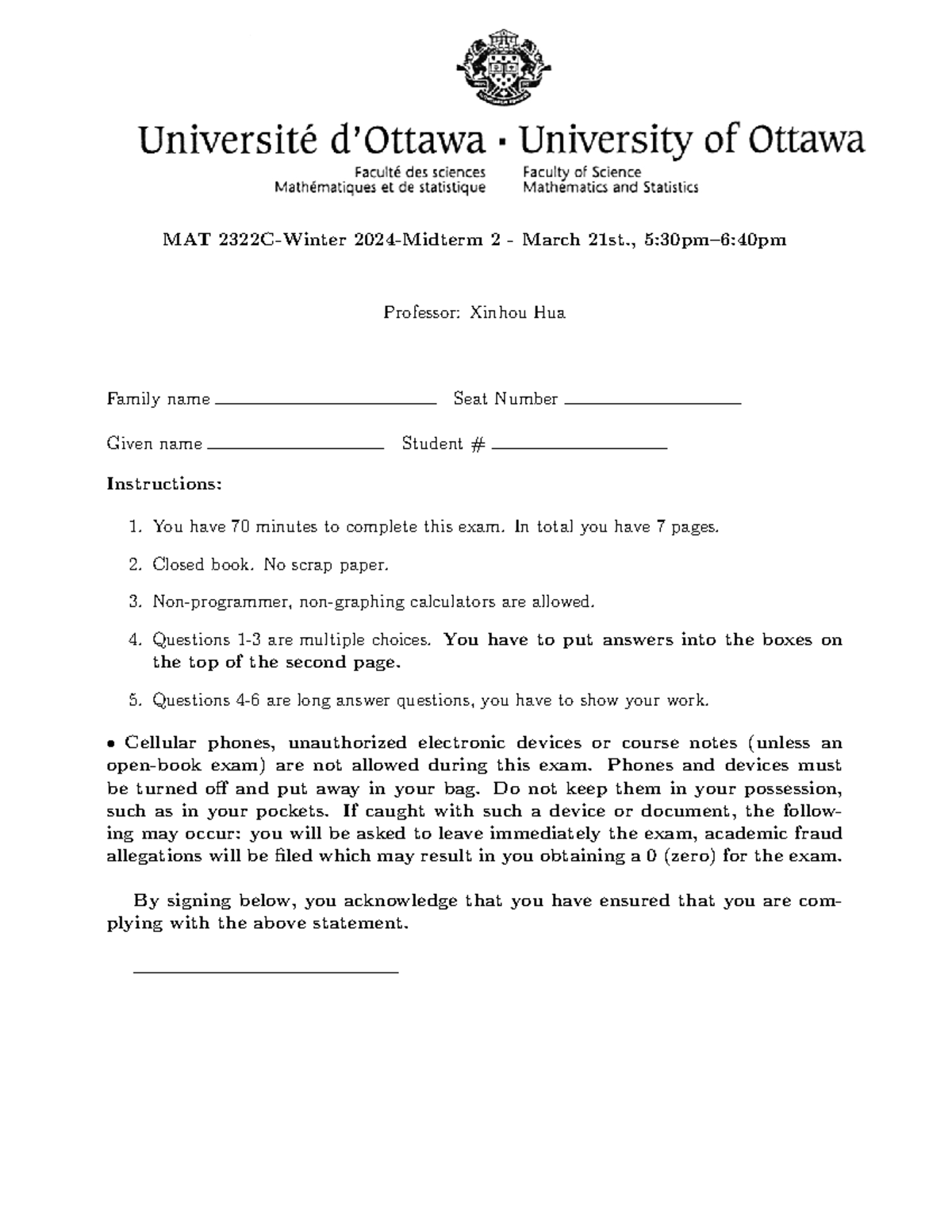 MAT2322 W24 Midterm 2A sol - MAT 2322C-Winter 2024-Midterm 2 - March ...