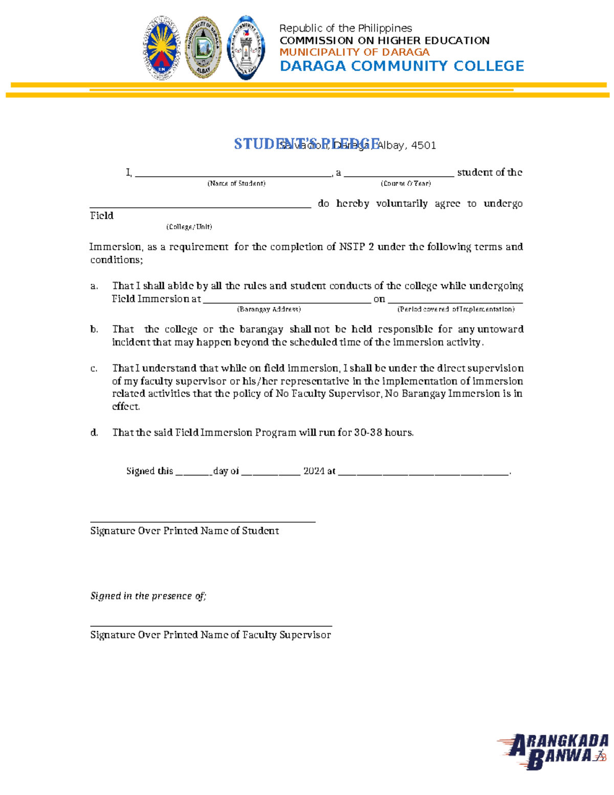 FORM 2 Students Pledge Waiver - Republic of the Philippines COMMISSION ...
