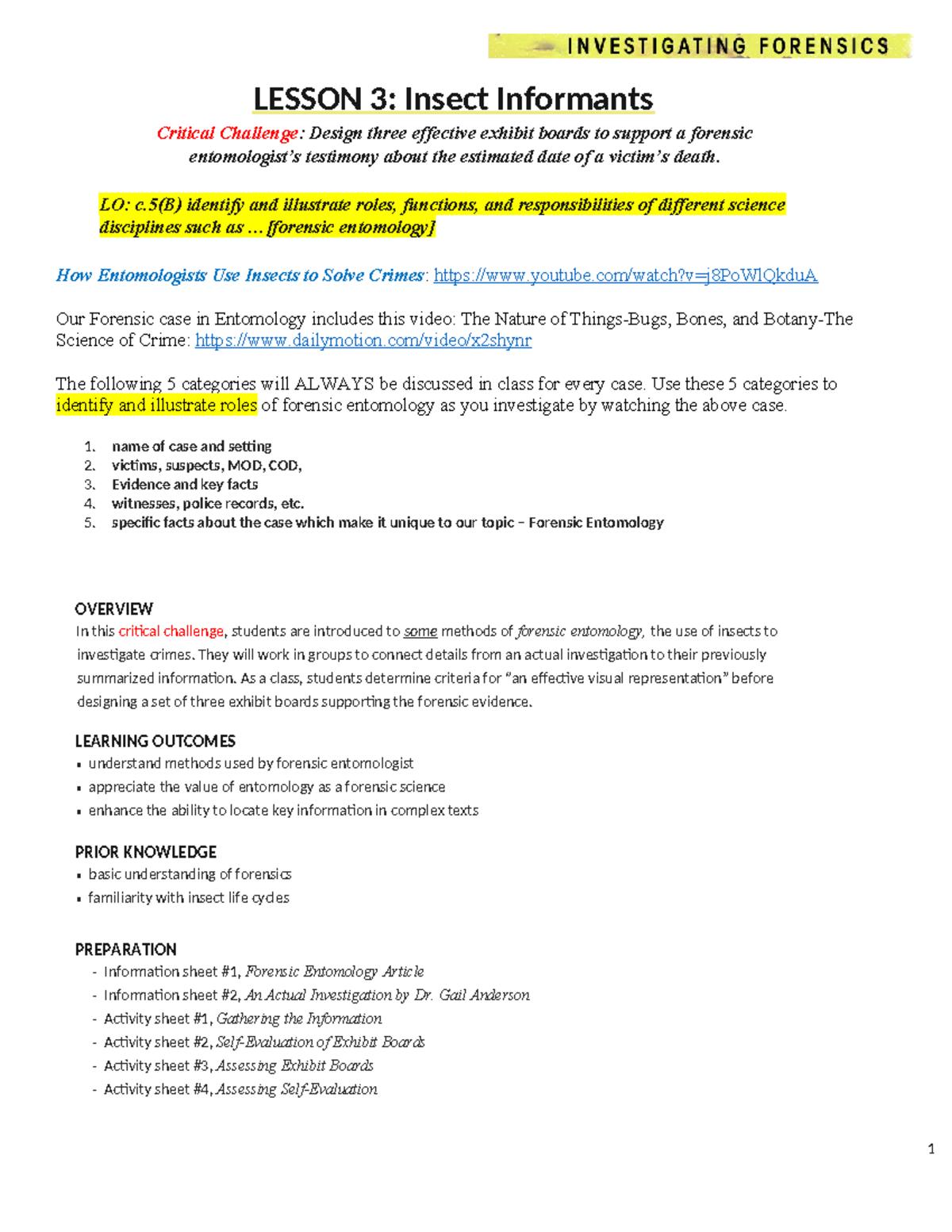 AAAMy Forensic Entomology Evidence Board - LESSON 3: Insect Informants ...