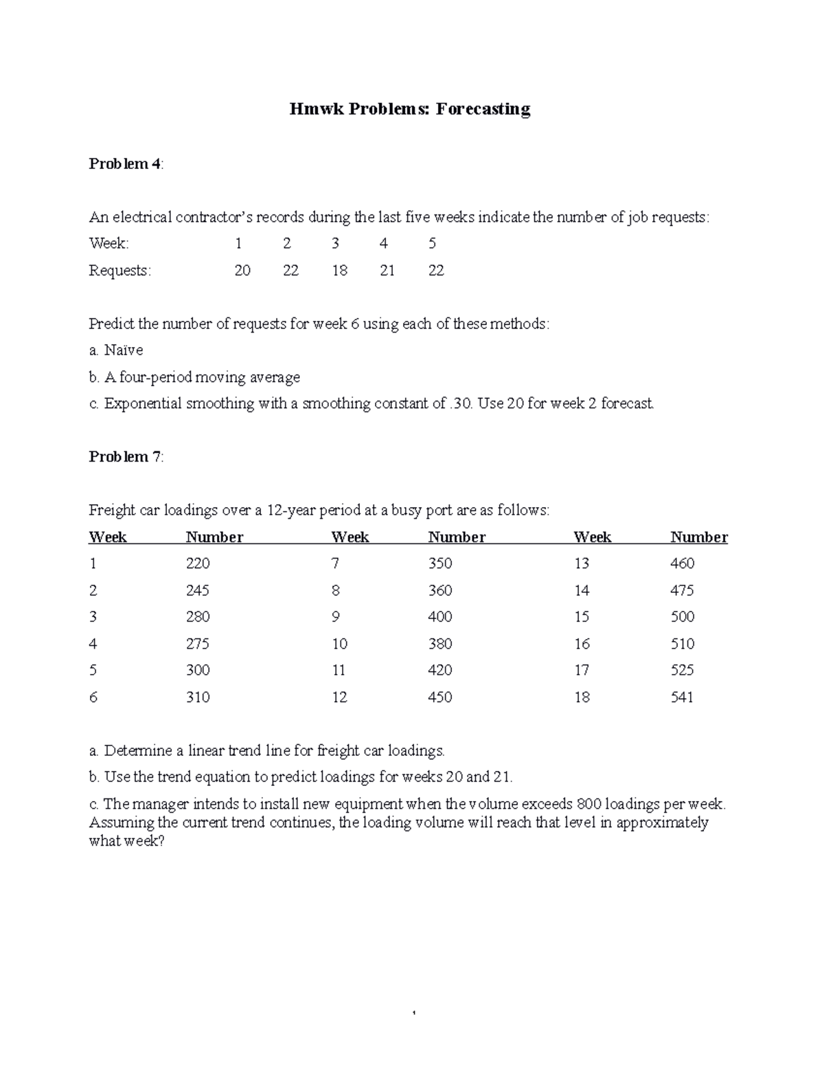 Forecasting hmwk problems - Hmwk Problems: Forecasting Problem 4: An ...