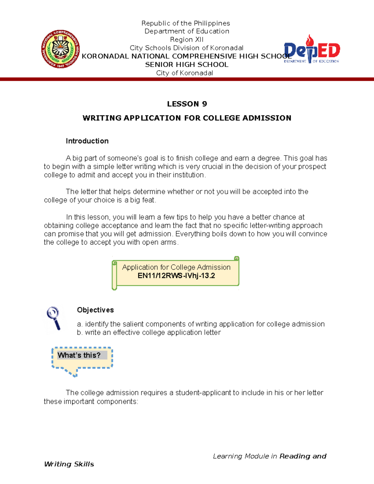 Lesson 11 Reading and Writing Skills - Department of Education Region ...