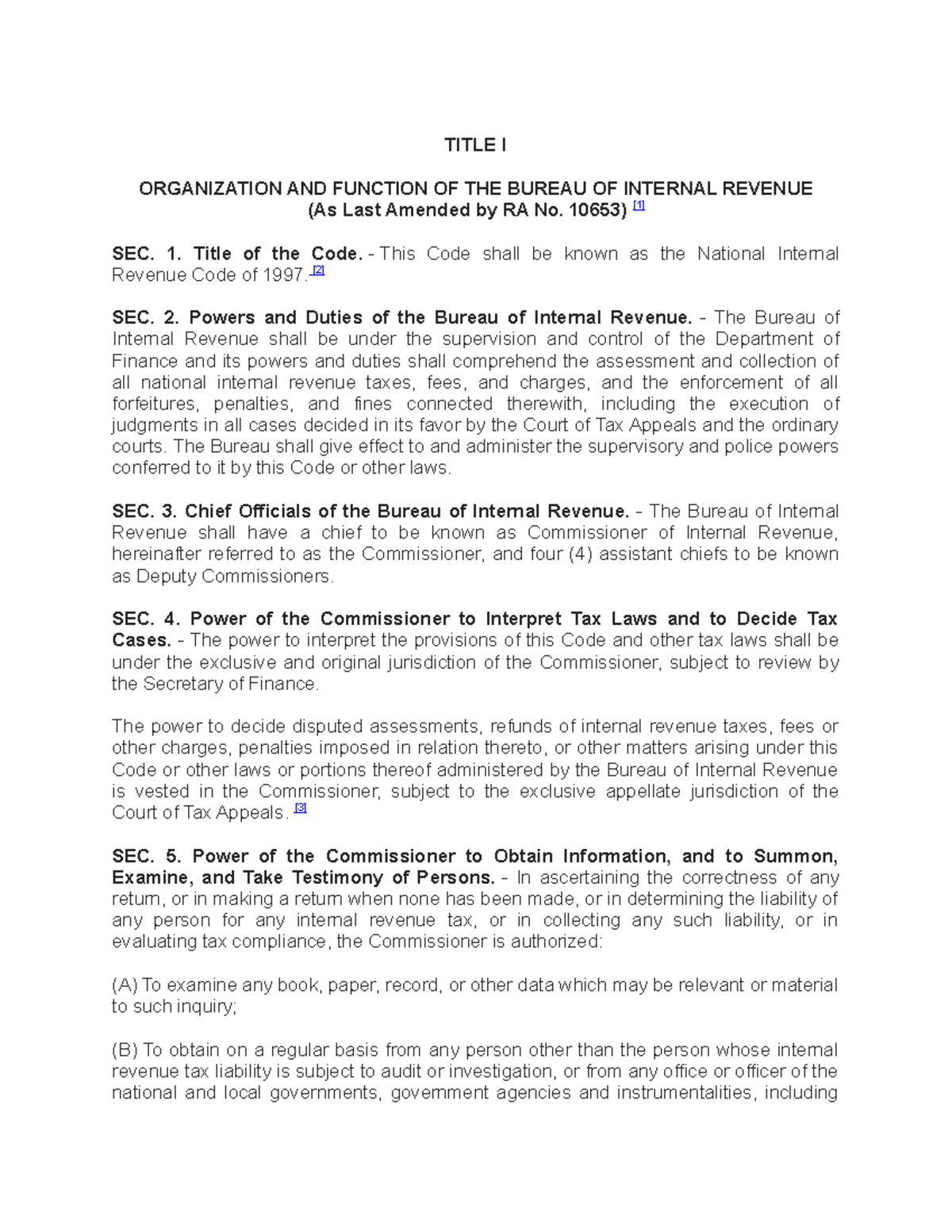 National Internal Revenue CODE - TITLE I ORGANIZATION AND FUNCTION OF ...