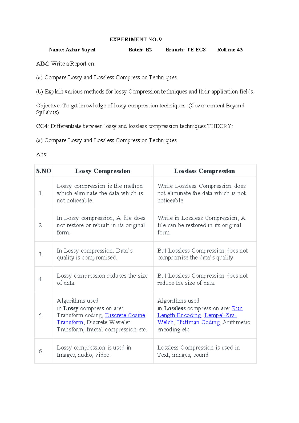 Itc exp9 - ..... - EXPERIMENT NO. 9 Name: Azhar Sayed Batch: B 2 Branch: TE ECS Roll no: 43 AIM ...
