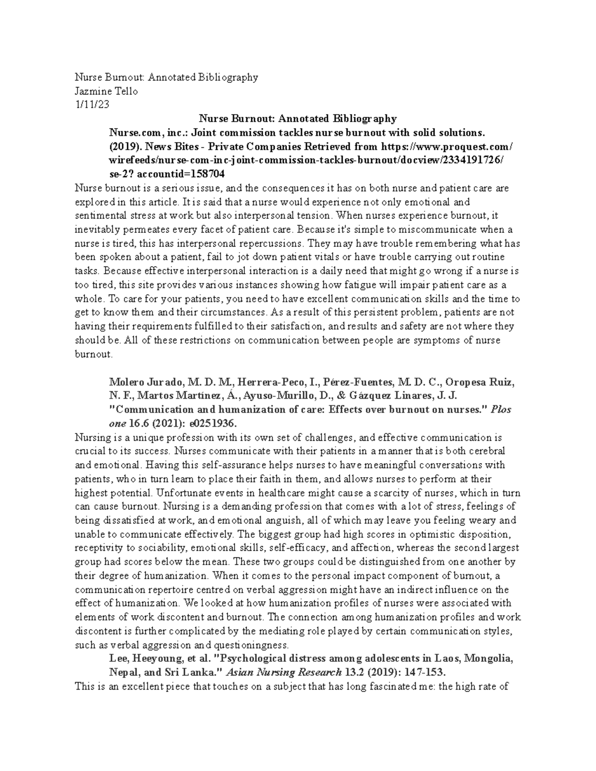 Annotated bibliography - Nurse Burnout: Annotated Bibliography Jazmine ...