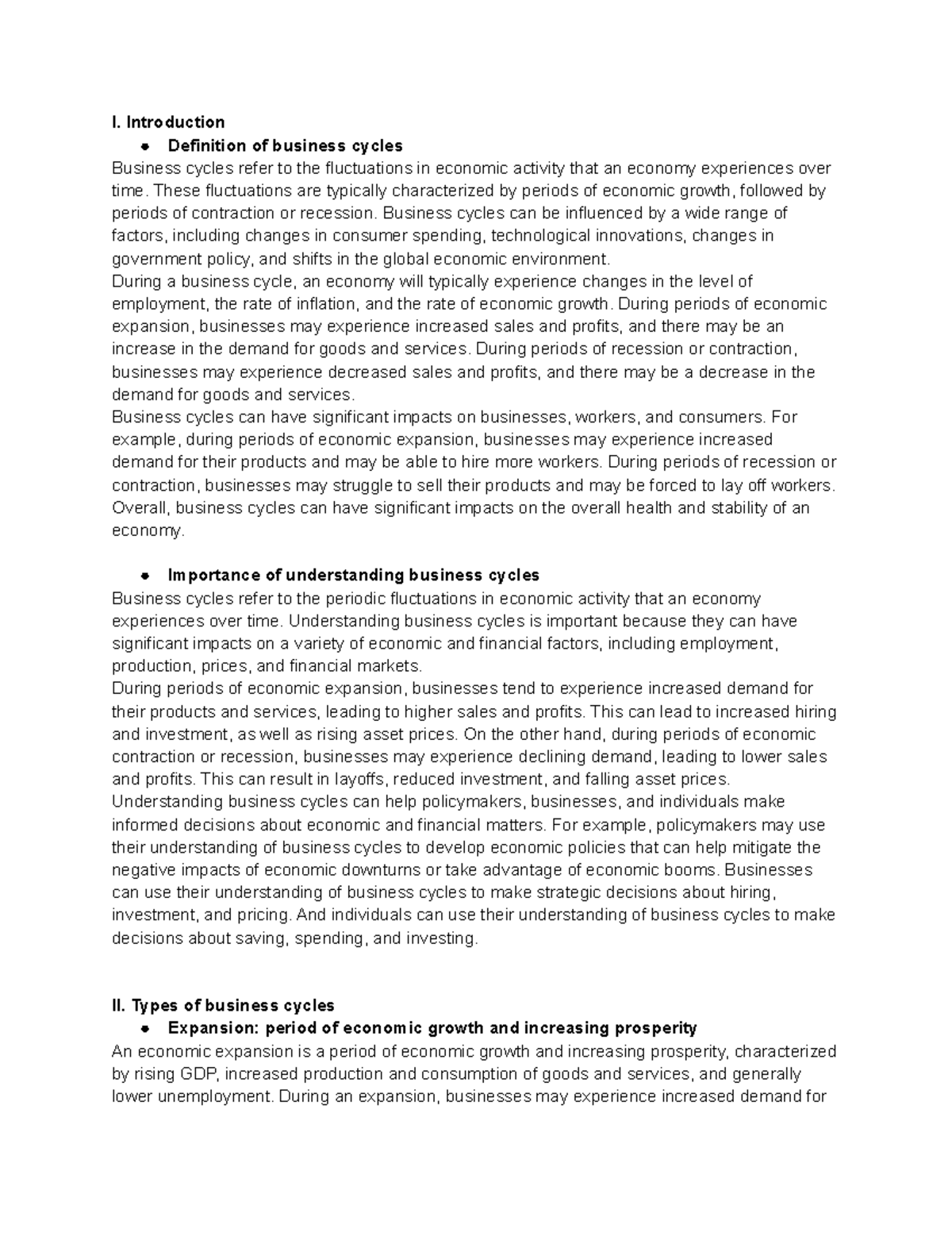 Business Cycles Notes - I. Introduction Definition of business cycles ...