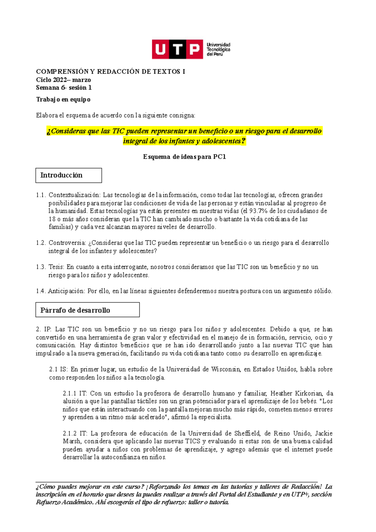 PC1 texto argumentativo (sincrónico) - COMPRENSIÓN Y REDACCIÓN DE TEXTOS I Ciclo 2022– marzo ...