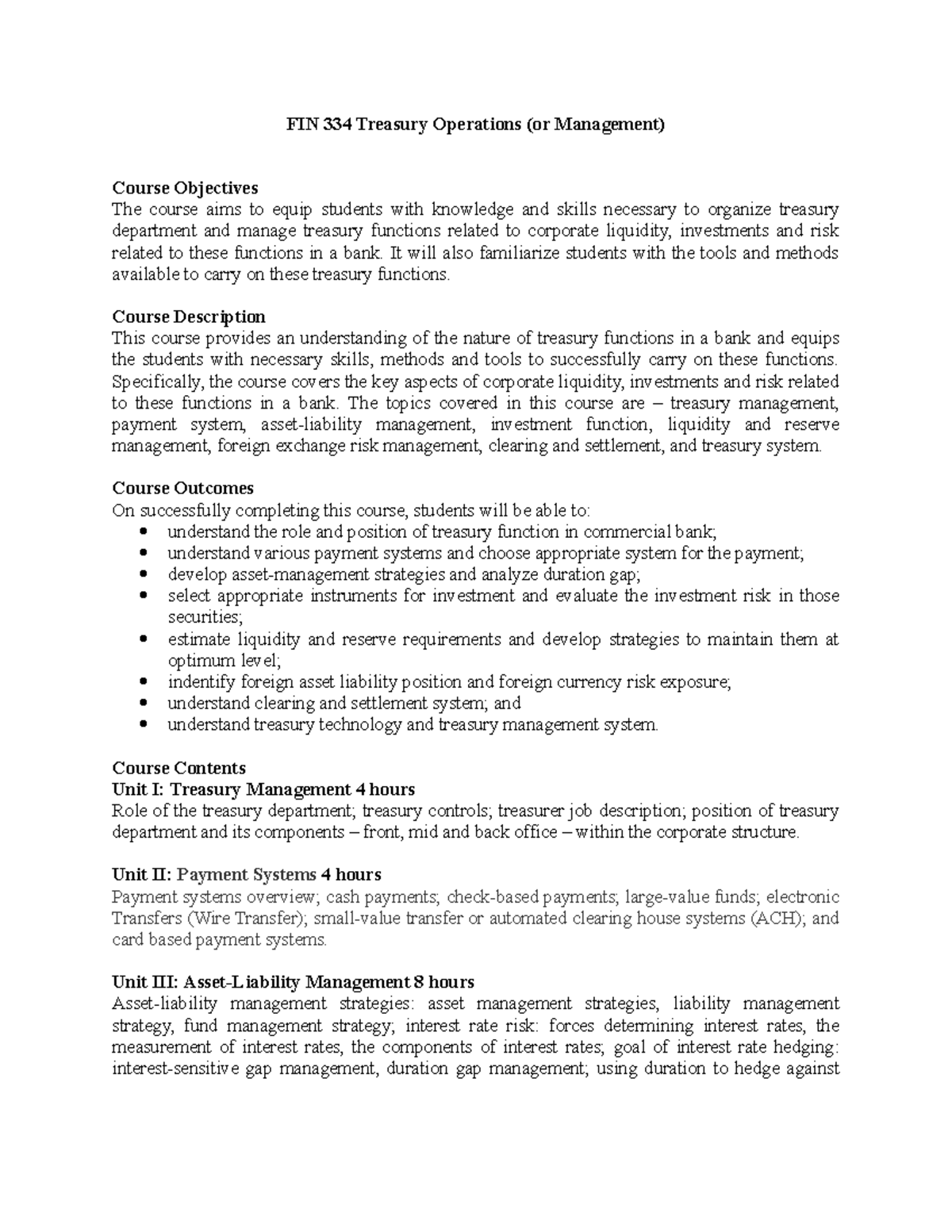 Treasury management bbabi new course - FIN 334 Treasury Operations (or ...