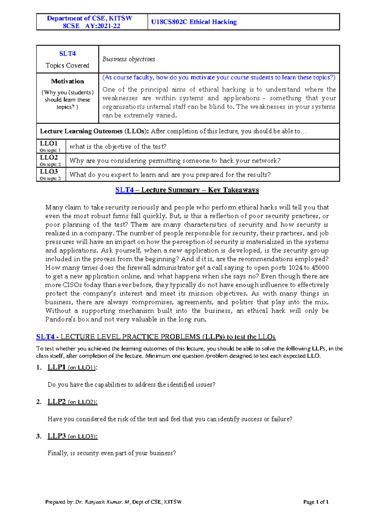 Eh Week 4 Slt Notes For Eh Department Of Cse Kitsw 8cse Ay2021 U18cs802c Ethical Hacking