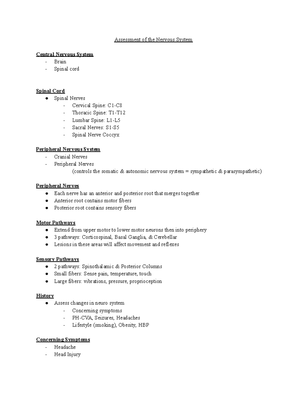NUR203 Nervous System Notes - Assessment of the Nervous System Central ...