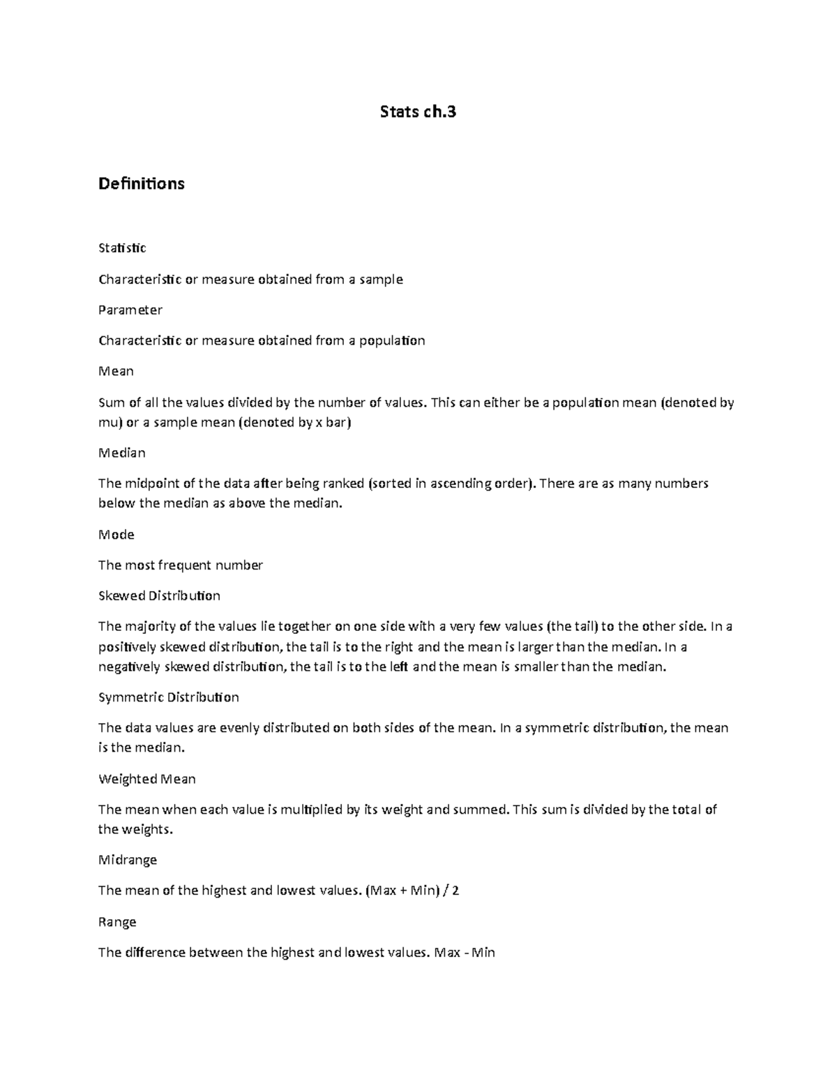 Statistics chapter 3 - Stats ch Definitions Statistic Characteristic or ...