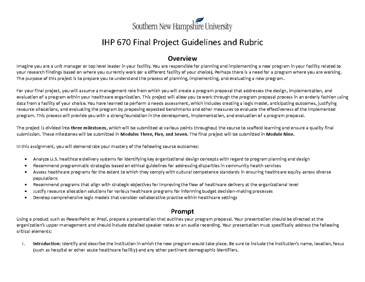 IHP 670 Final Project Guidelines and Rubric - You are responsible for ...