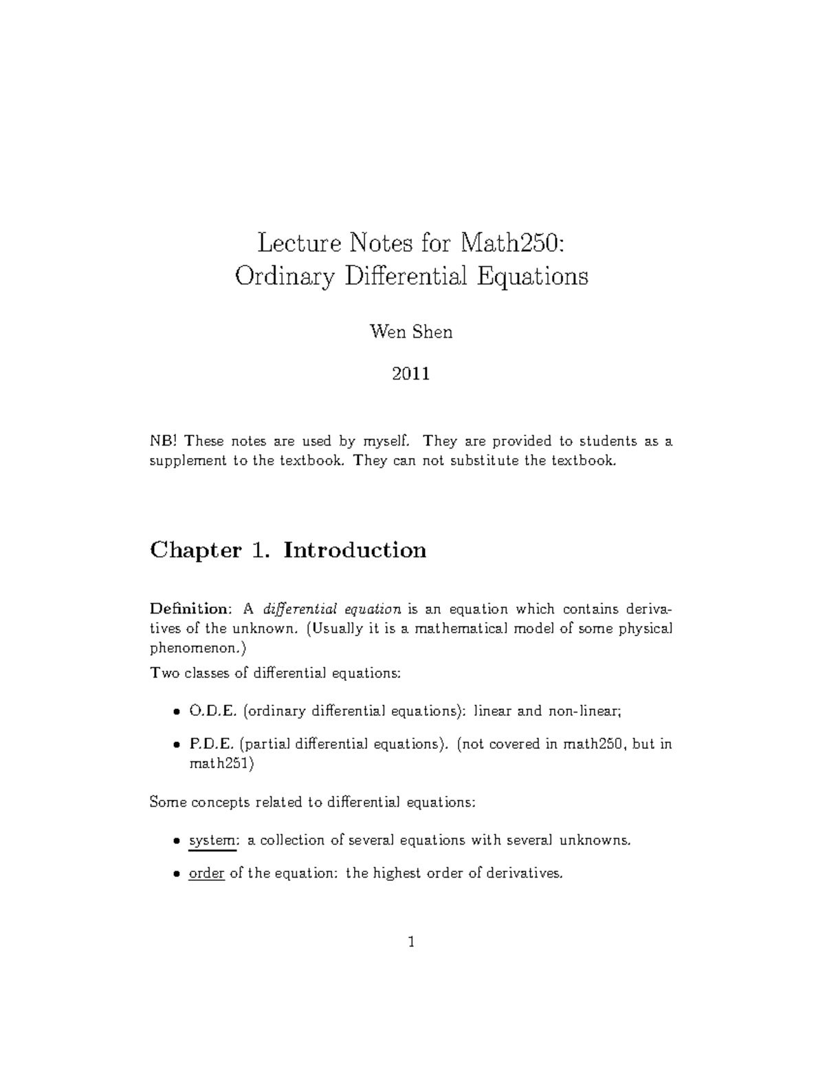 Notes Diff Eqn Lecture Notes For Math250 Ordinary Differential Equations Wen Shen 2011 Nb