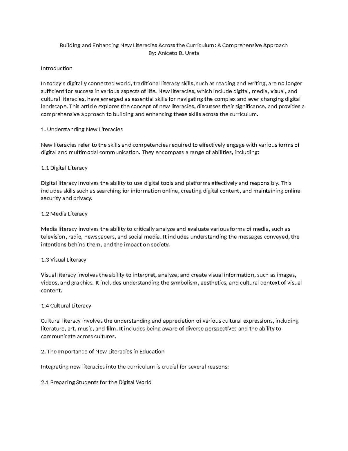 Building and Enhancing New Literacies Across the Curriculum - Ureta Introduction In today's ...