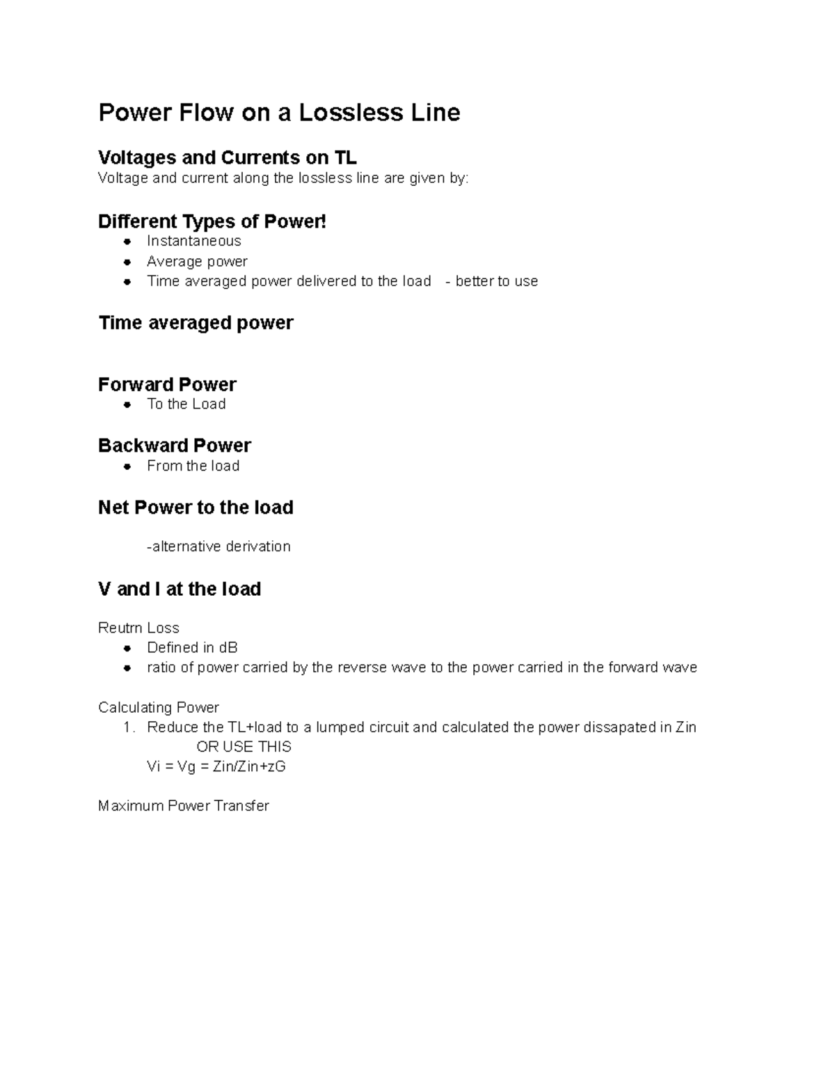 Week 4 - notes - Power Flow on a Lossless Line Voltages and Currents on ...