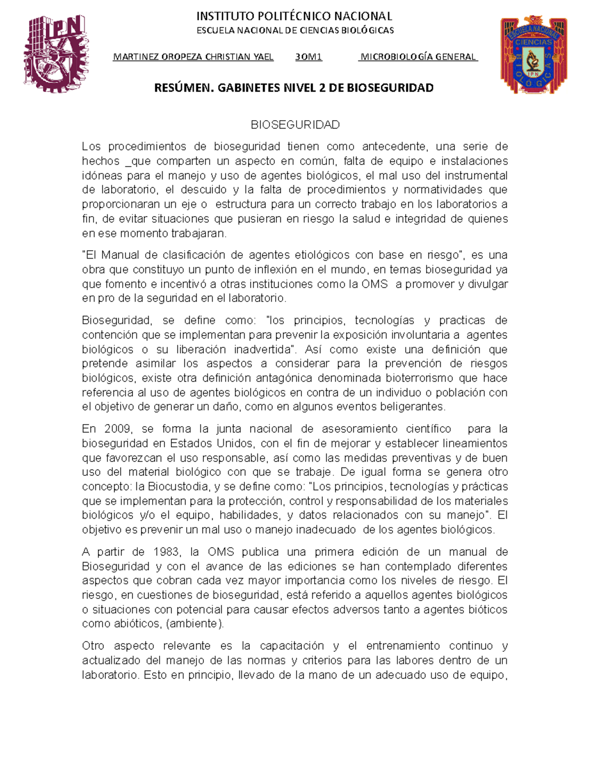 Resumen bioseguridad - INSTITUTO POLITÉCNICO NACIONAL ESCUELA NACIONAL ...