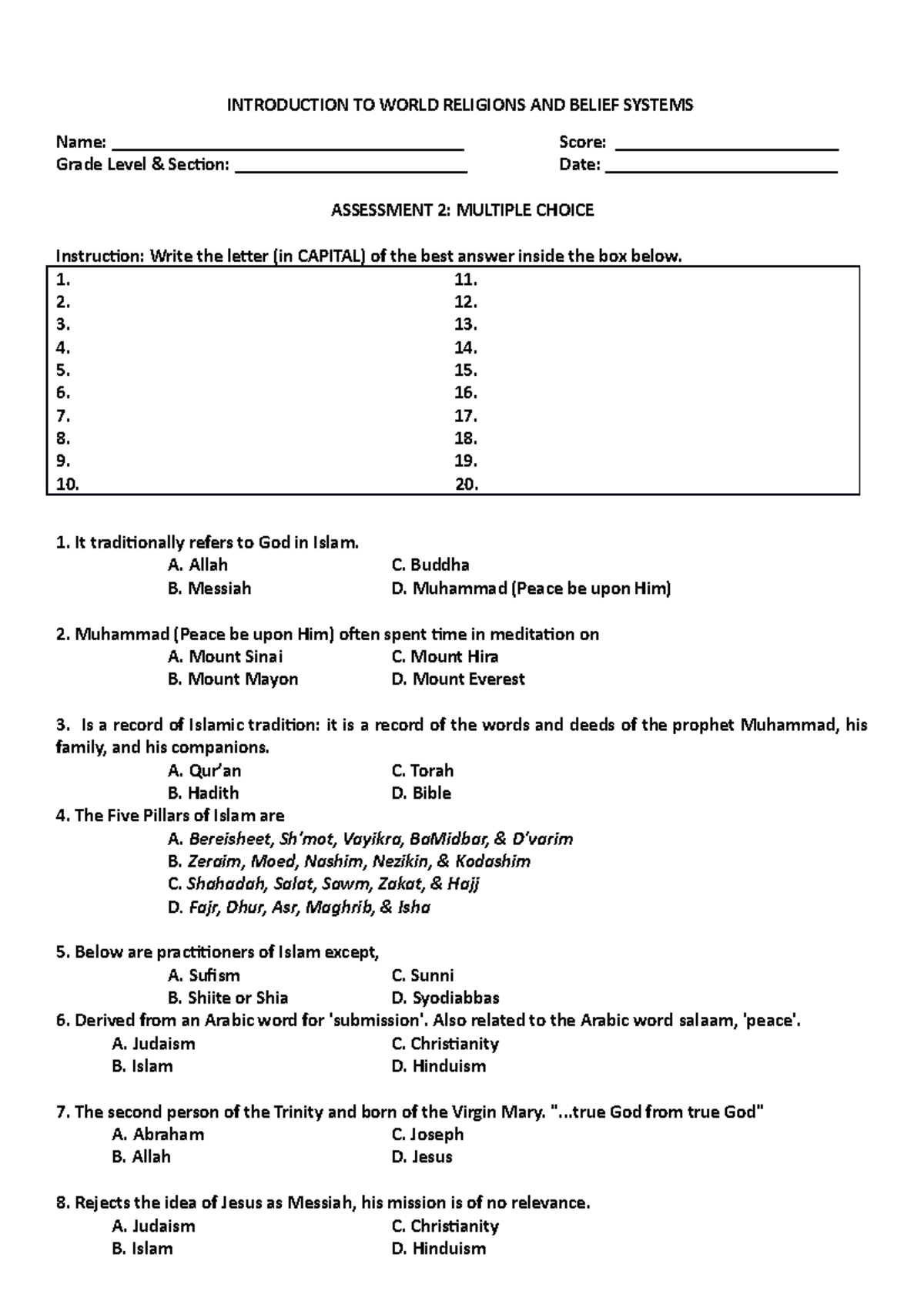 Assessment 2 G11 - Not applicable - INTRODUCTION TO WORLD RELIGIONS AND ...