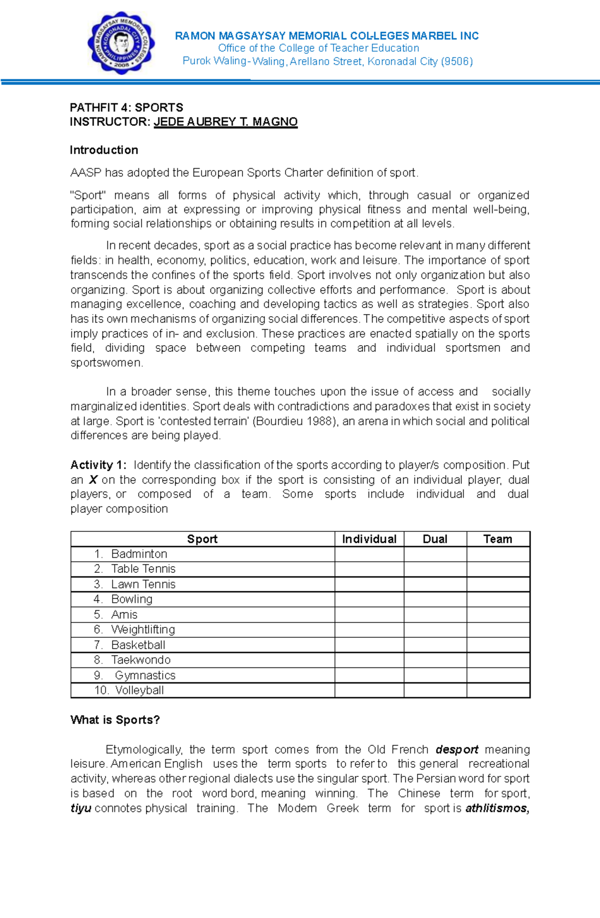 Sport- Handouts - Physical Education - RAMON MAGSAYSAY MEMORIAL ...