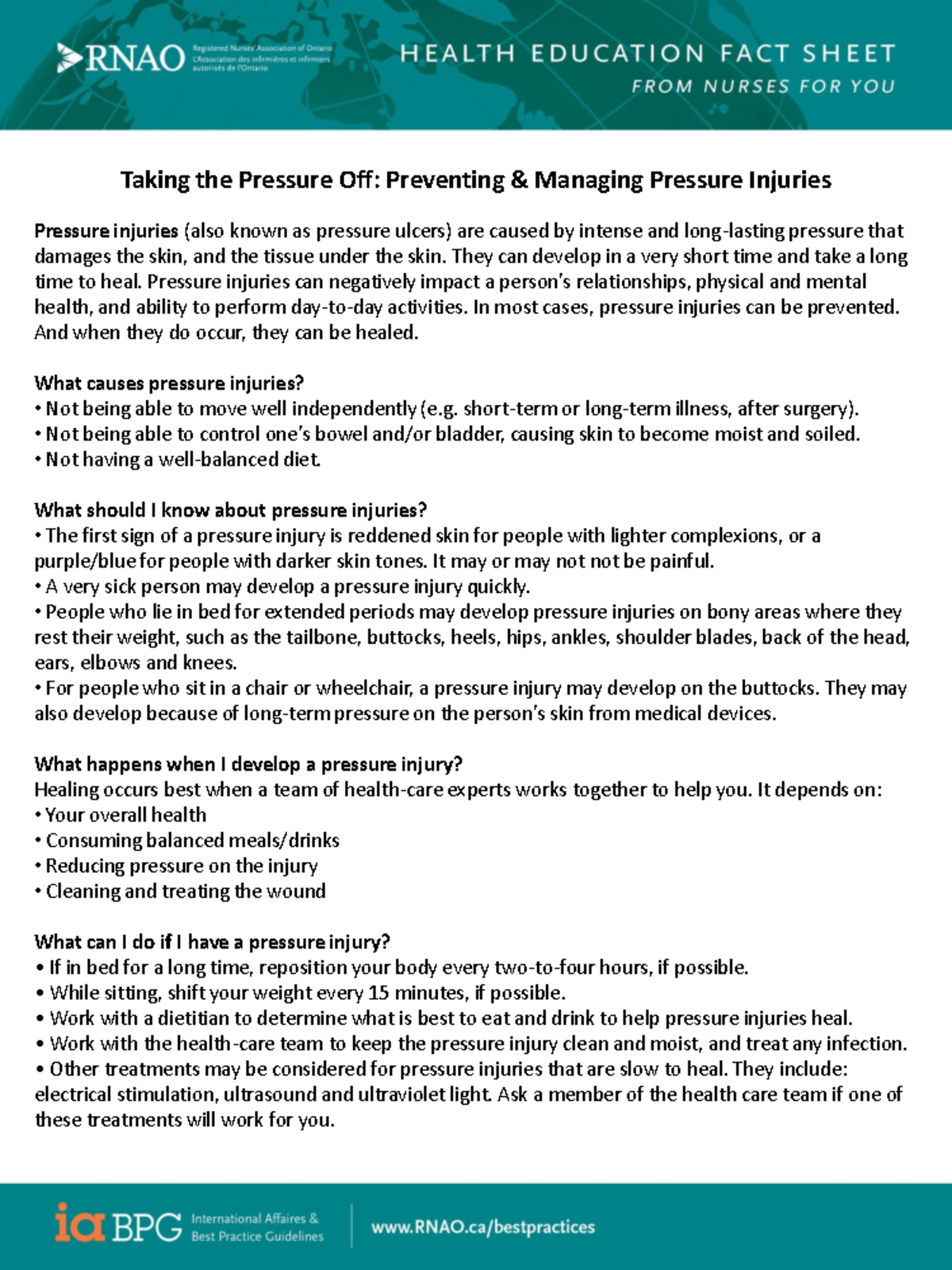 Health Education Fact Sheet Pressure Injury 0 - Taking the Pressure Off ...