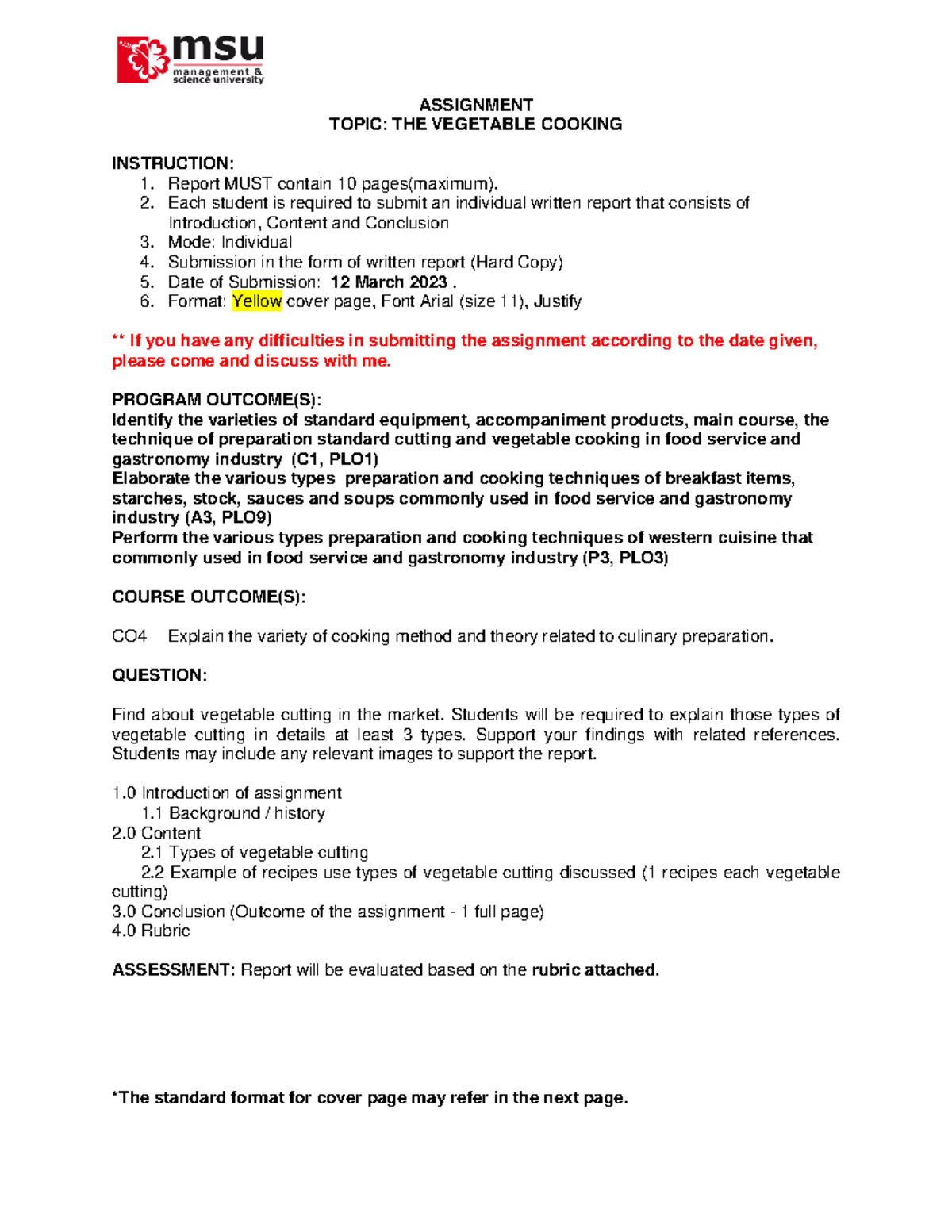 Assignment HCU 20101T feb 23 - ASSIGNMENT TOPIC: THE VEGETABLE COOKING ...