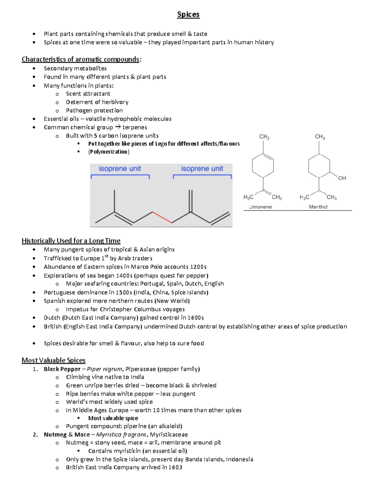6. Spices - Lecture notes 6 - Spices Plant parts containing chemicals ...