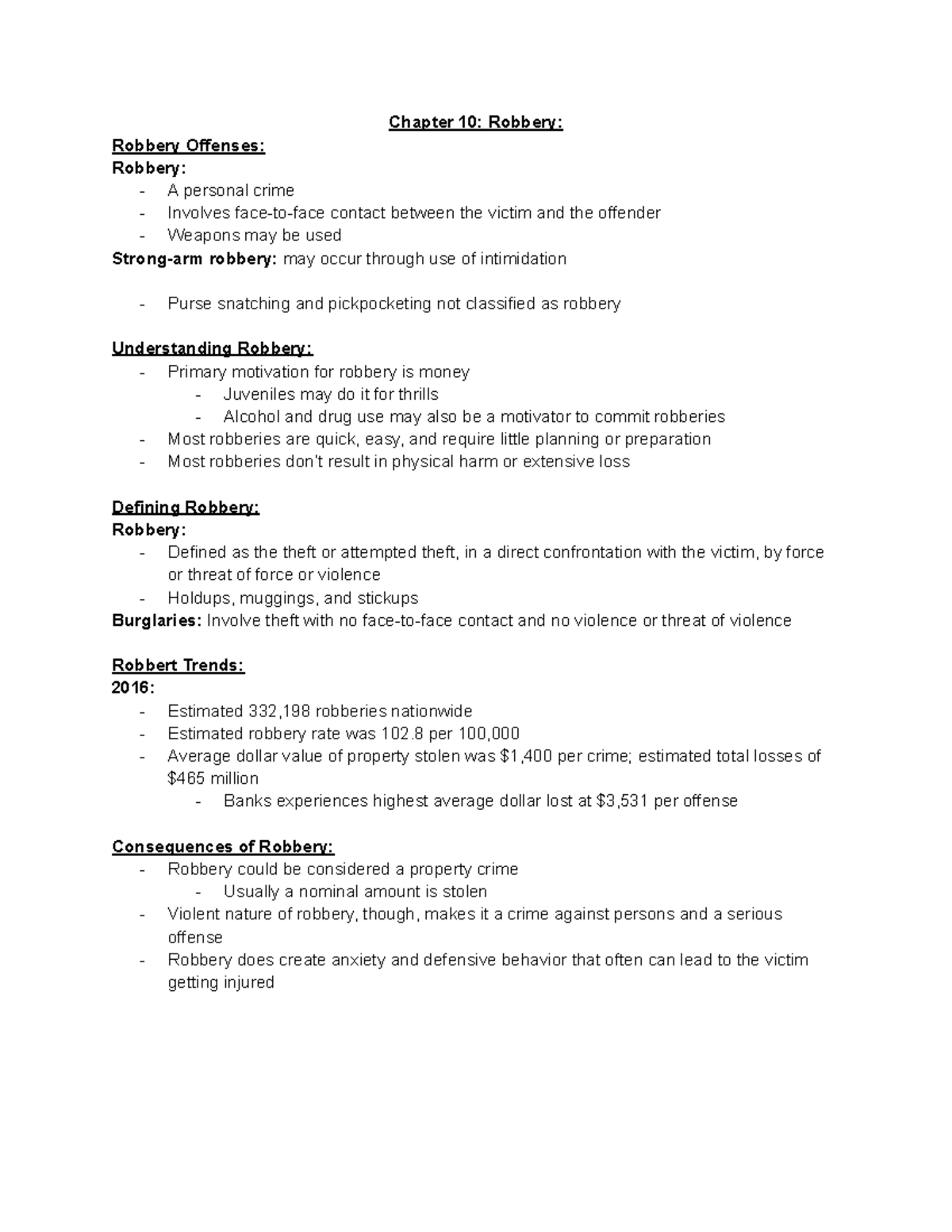 Chapter 10 CJST - notes - Chapter 10: Robbery: Robbery Offenses ...