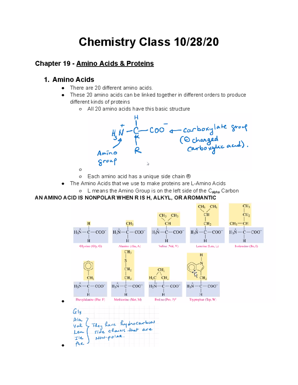 Chemistry notes 19 - Chemistry Class 10/28/ Chapter 19 - Amino Acids ...