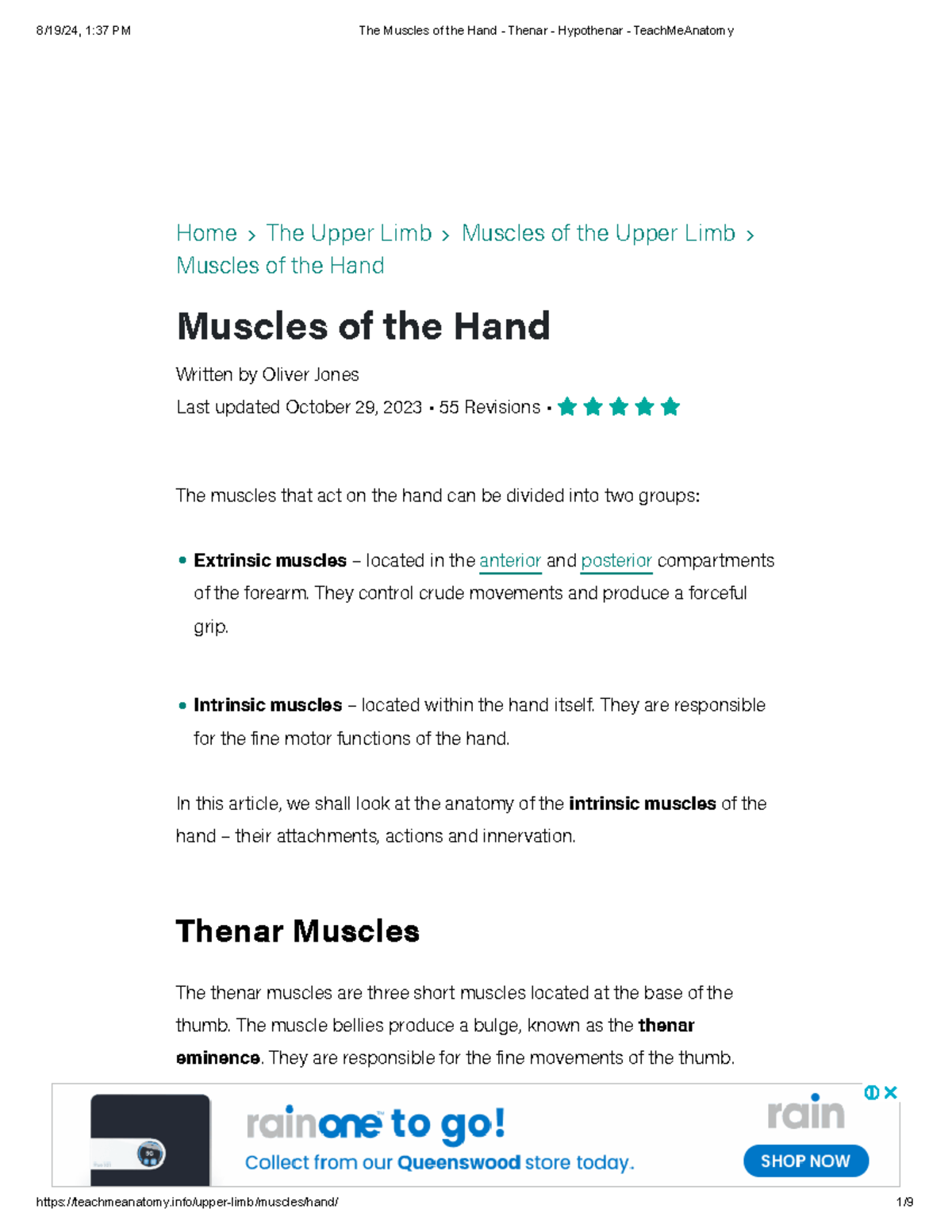 The Muscles of the Hand - Thenar - Hypothenar - Teach Me Anatomy ...