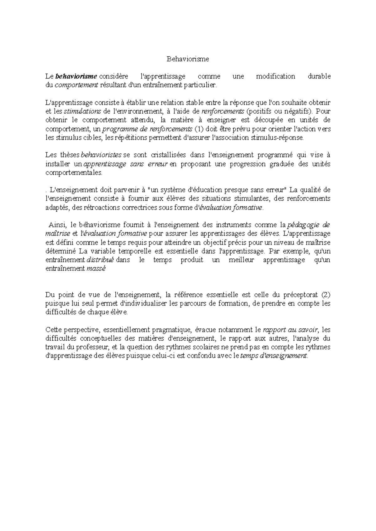 Resumen (1) conductismo - Behaviorisme Le behaviorisme considère l'apprentissage comme une - Studocu