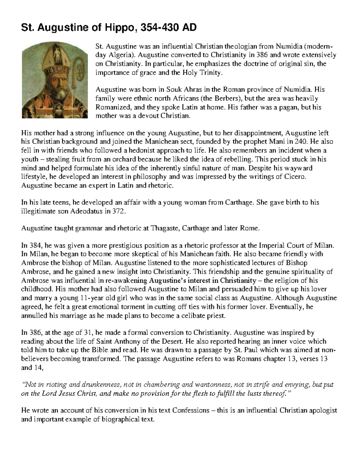 Biography of St Augustine - St. Augustine of Hippo, 354-430 AD St ...