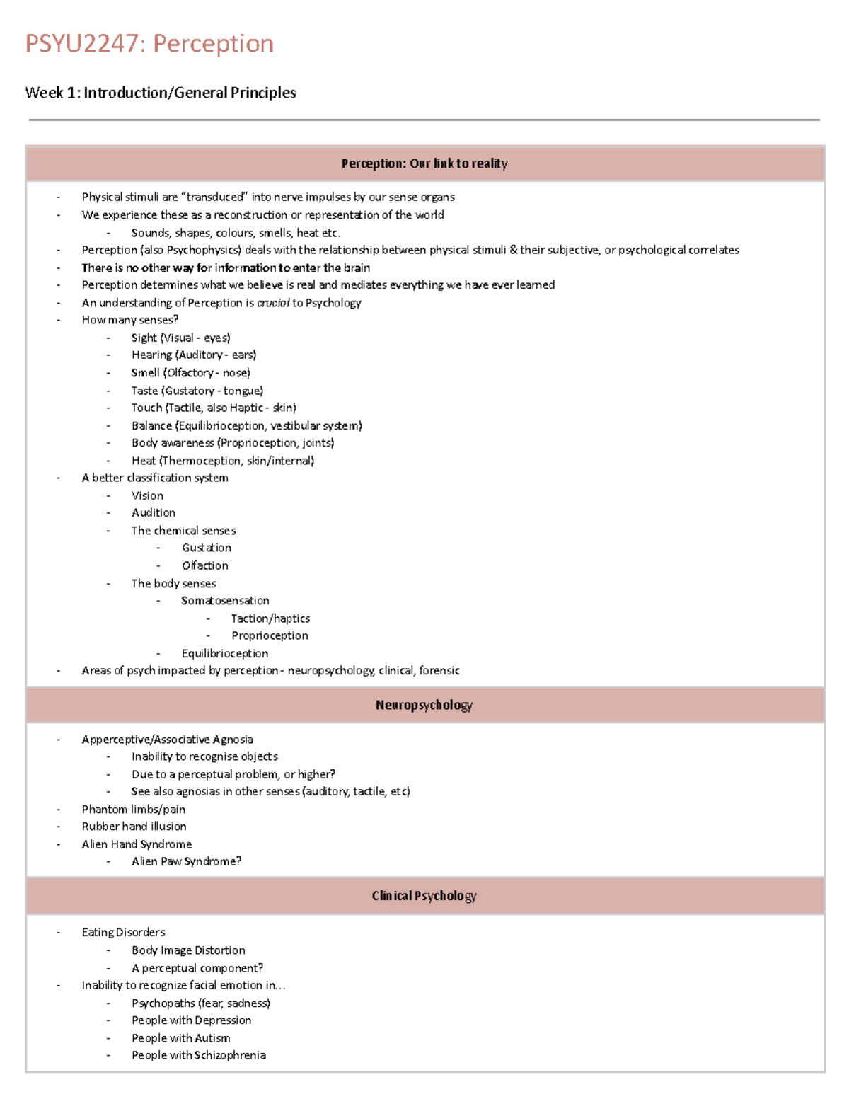 Perception notes - PSYU2247: Perception Week 1: Introduction/General ...