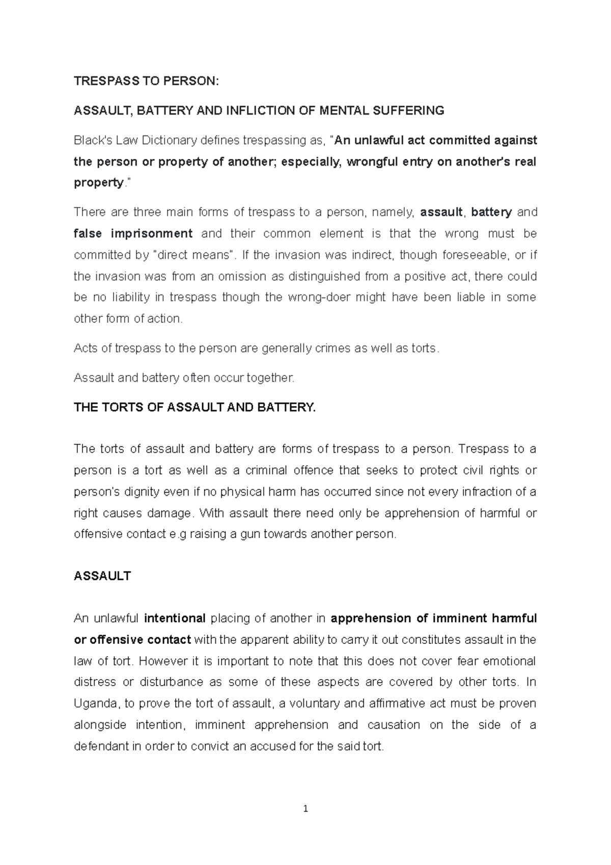 Trespass TO Person - notes - TRESPASS TO PERSON: ASSAULT, BATTERY AND ...