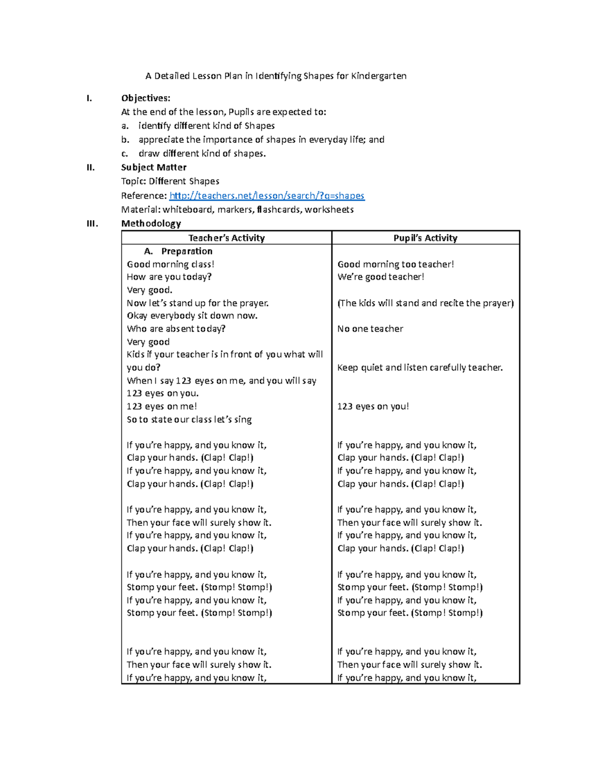 A Detailed Lesson Plan in Identifying Shapes for Kindergarten ...