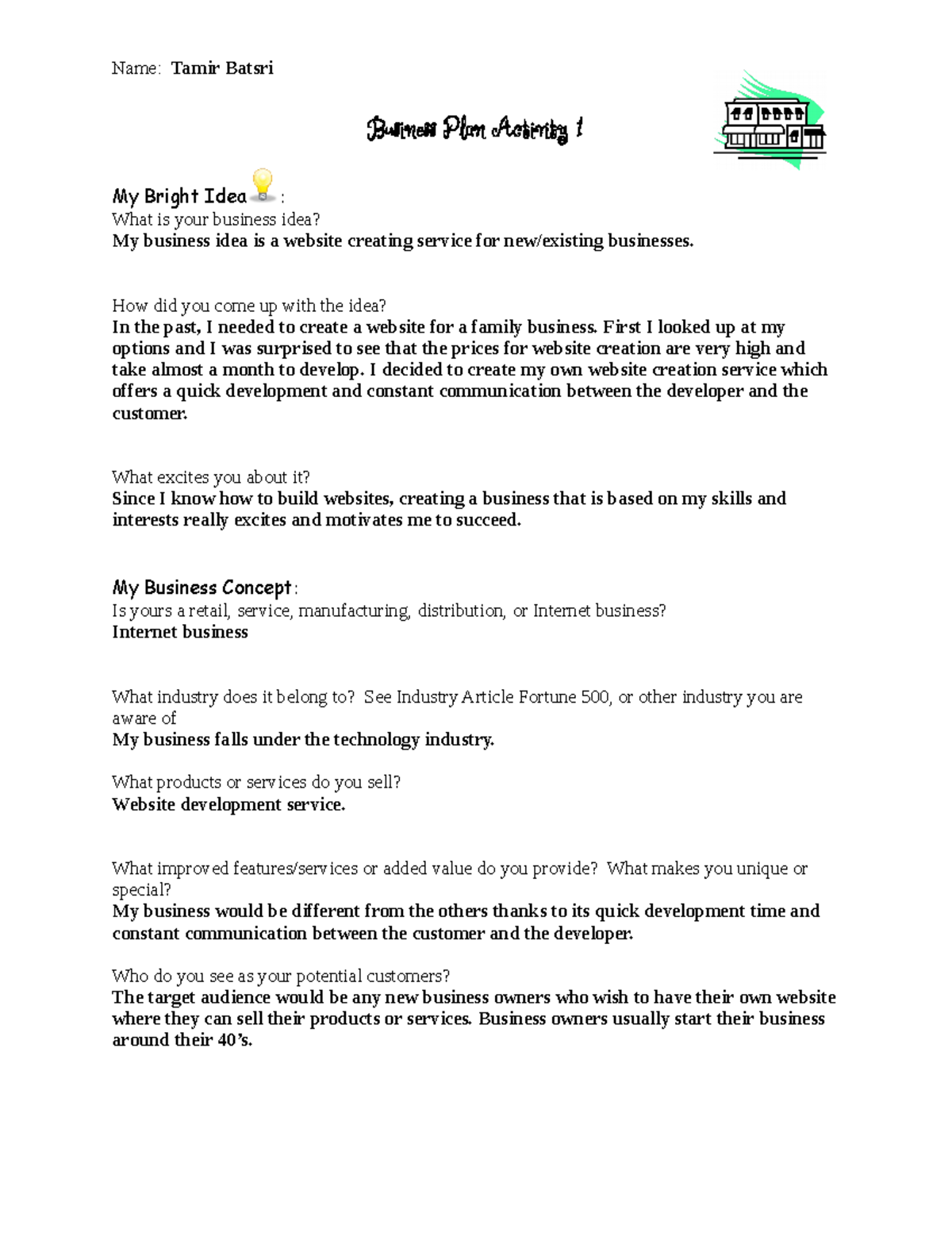 Tamir Batsri - Business Plan Activity 1 - Name: Tamir Batsri Business ...