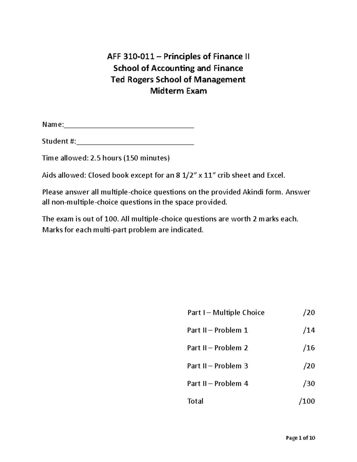 AFF310-011 Midterm Exam Soln - Version A - AFF 310- 011 – Principles of Finance II School of ...