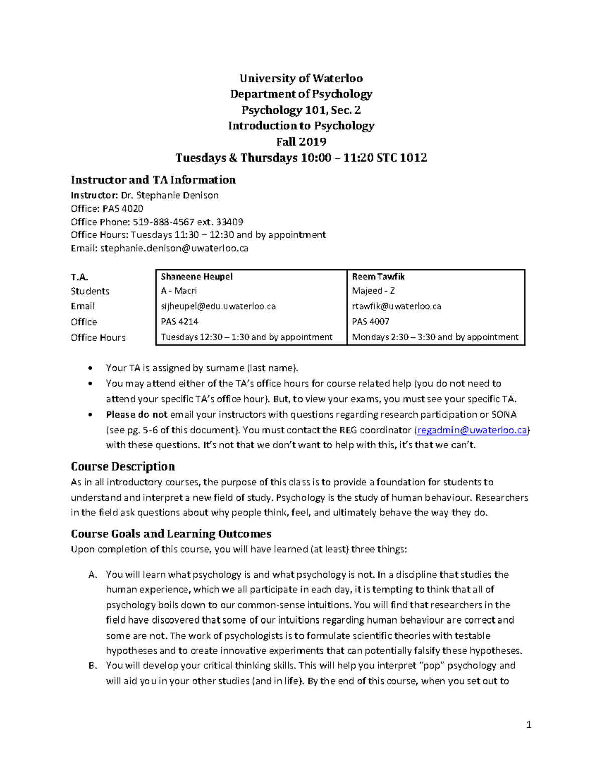 Psych 101 Fall2019 Syllabus - University of Waterloo Department of ...