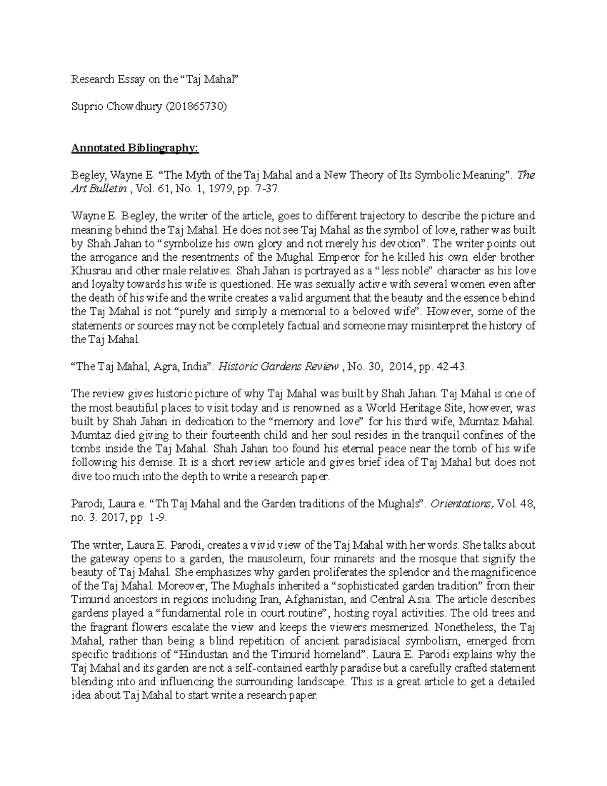 Research Essay on the Taj Mahal (Suprio) - Research Essay on the “Taj ...