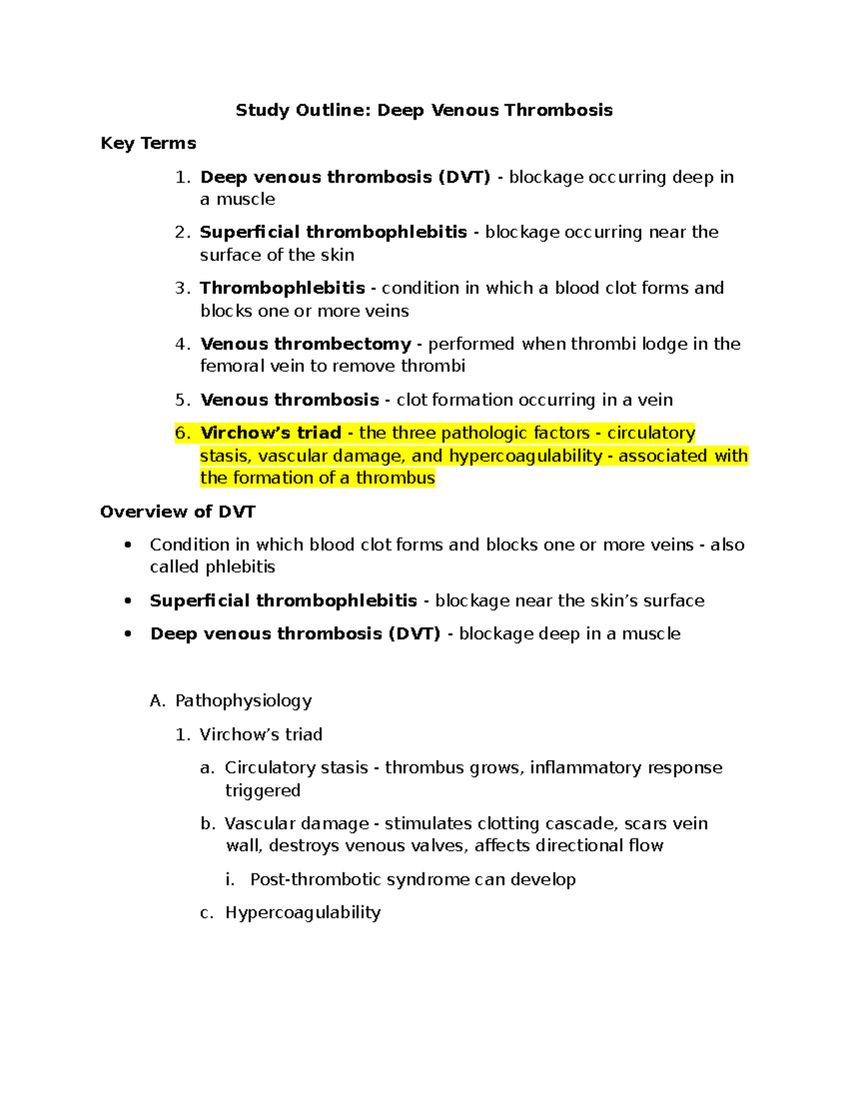 DVT Study Outline - Study Outline: Deep Venous Thrombosis Key Terms ...
