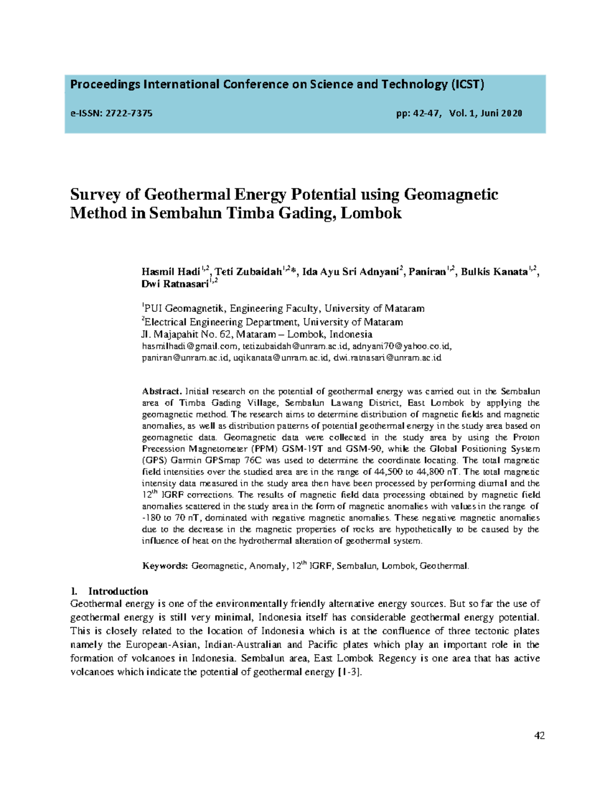 Survey Of Geothermal Energy Potential Using Geomagnetic Method In Sembalun Timba Gading Lombok