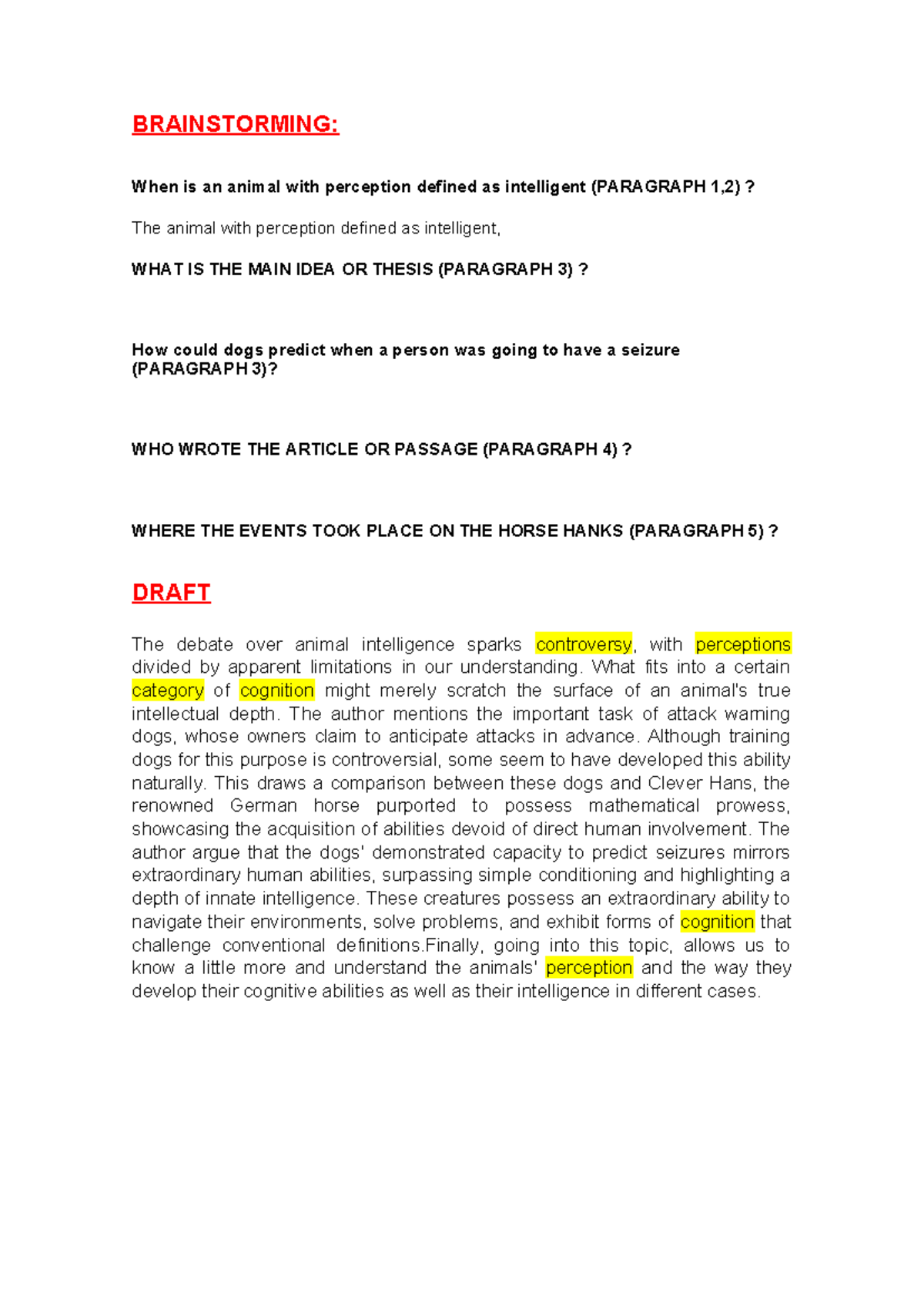 Draft Avazando 11 Writing 1 - BRAINSTORMING: When is an animal with ...